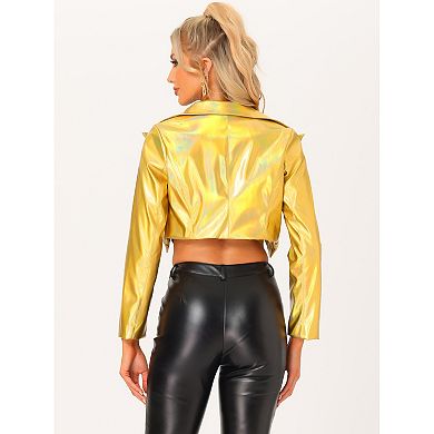 Holographic Shiny For Women Long Sleeve Metallic Fashion Lapel Pu Jacket