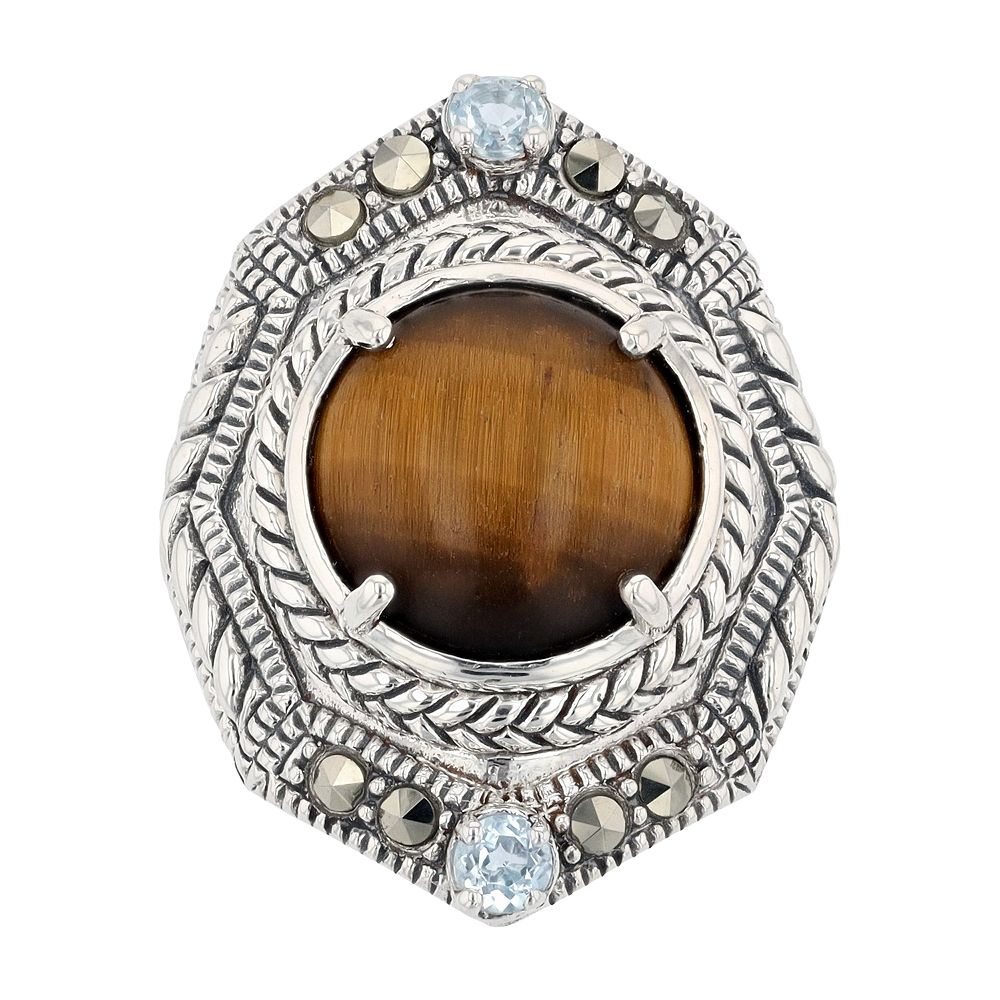 Lavish by TJM Sterling Silver Tiger Eye Sky Blue Topaz & Marcasite Dome ...