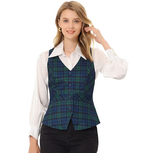Women's Plaid Vest V Neck Button Down Vintage Racerback Waistcoat