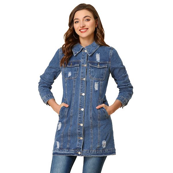 Women's Casual Long Sleeve Button Down Long Distressed Denim Jacket