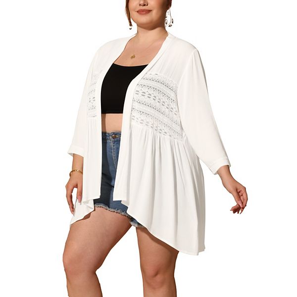 Plus Size Cardigan for Women 3/4 Sleeve Lace Panel High-Low Hem Open ...