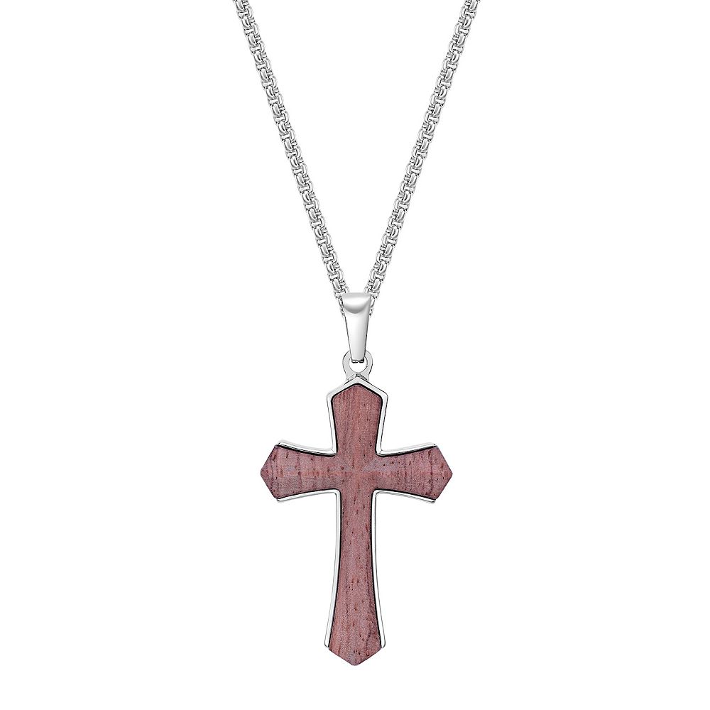 Men's LYNX Stainless Steel & Babinga Wood Cross Pendant Necklace