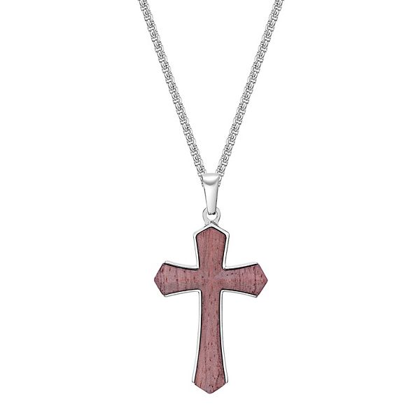 Men's LYNX Stainless Steel & Babinga Wood Cross Pendant Necklace