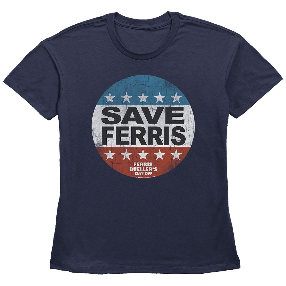 Juniors' Ferris Bueller Save Ferris American Button Graphic Tee