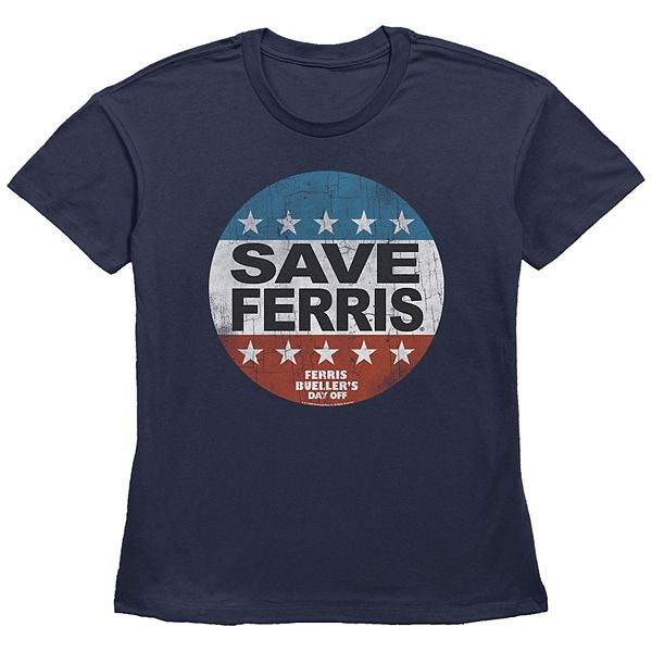 Juniors' Ferris Bueller Save Ferris American Button Graphic Tee
