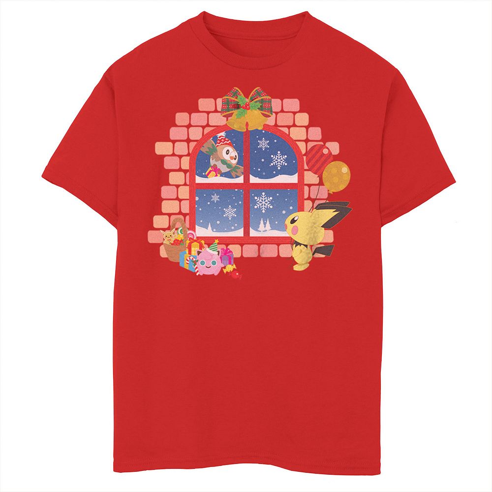 Boy's Pokemon Christmas Riachu Rowlet Snowy Window Tee