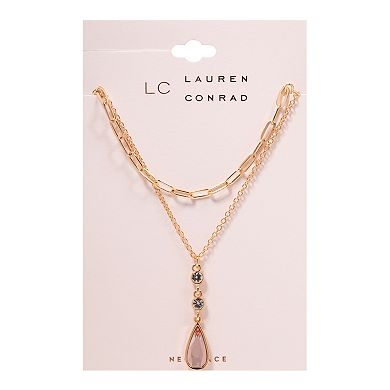 LC Lauren Conrad Gold Tone Clear & Pink Crystal Double-Strand Y-Necklace