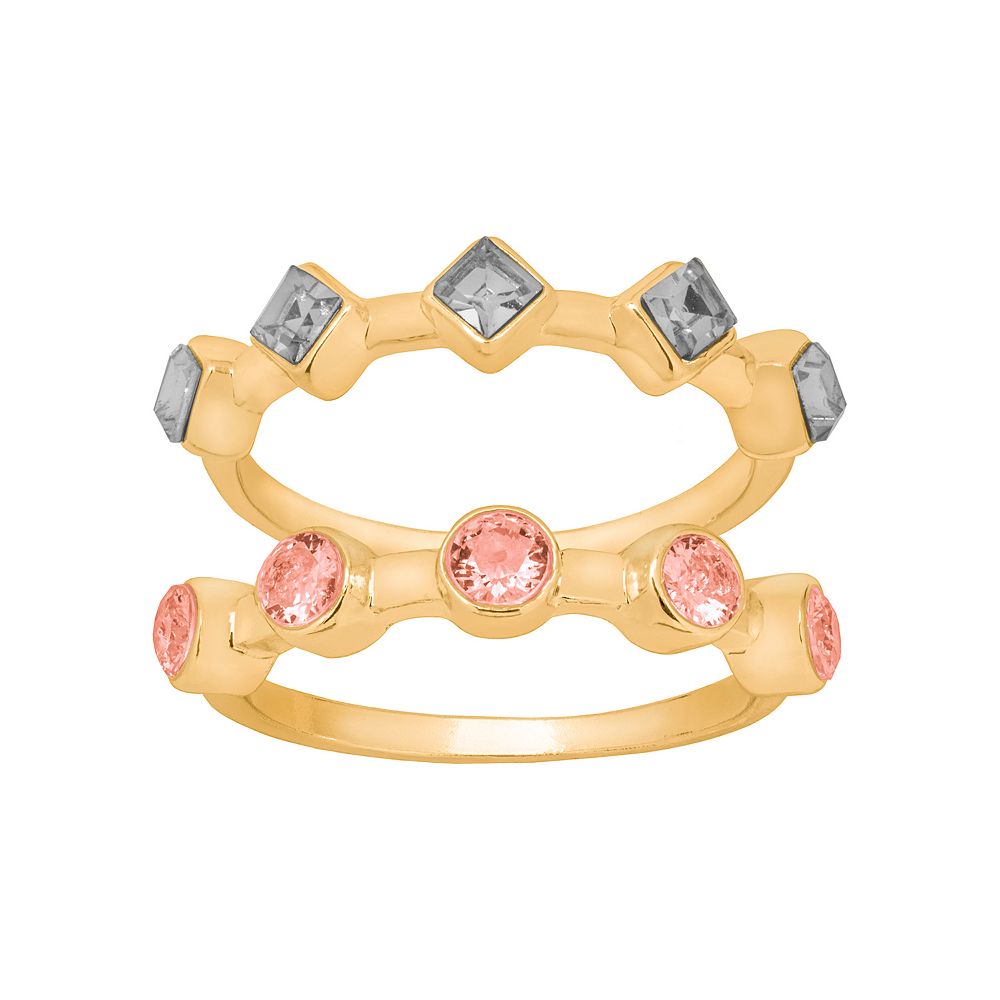 LC Lauren Conrad Gold Tone Pink & Gray Crystal 2-Piece Cocktail Rings Set