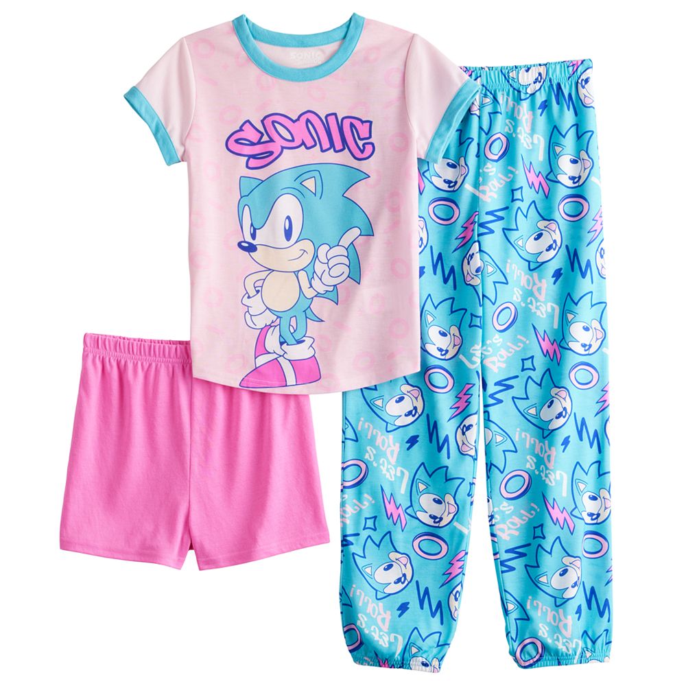 Girls 4-10 Sonic The Hedgehog 3-Piece Top & Bottoms Pajama Set
