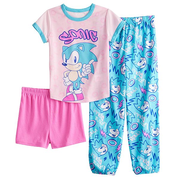 Girls 4-10 Sonic The Hedgehog 3-Piece Top & Bottoms Pajama Set
