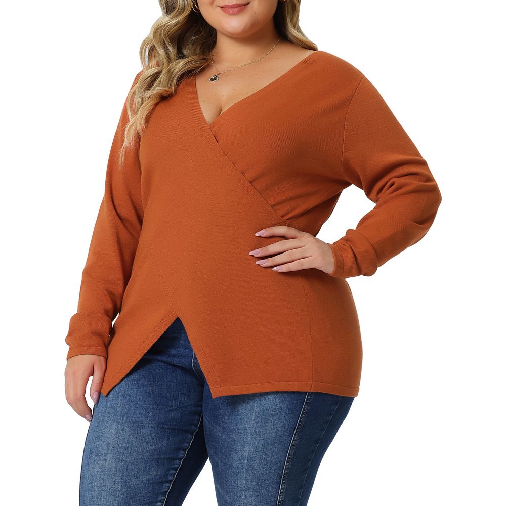 Women's Plus Size Knit Deep V Neck Wrap Curvy Pullover Sweaters
