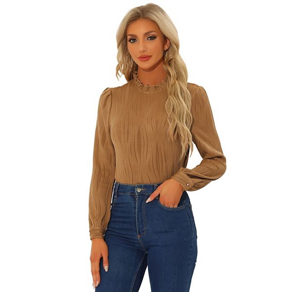 Ruffled Business Blouse for Women's Long Sleeve Mock Neck Casual Office Top