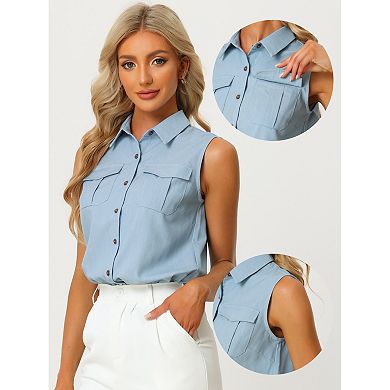 Summer Button Down Shirt for Women's Sleeveless Collar Tank Top with Pockets