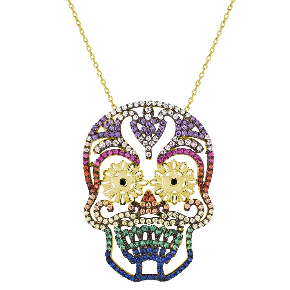 Sunkissed Sterling 14k Gold Over Silver Cubic Zirconia Sugar Skull Necklace