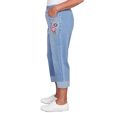 Petite Alfred Dunner Floral Embroidered Denim Capri Rolled Jeans