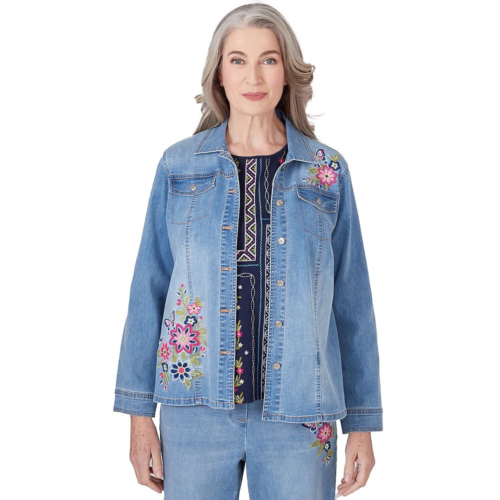 Petite Alfred Dunner Floral Embroidered Denim Button Down Jean Jacket