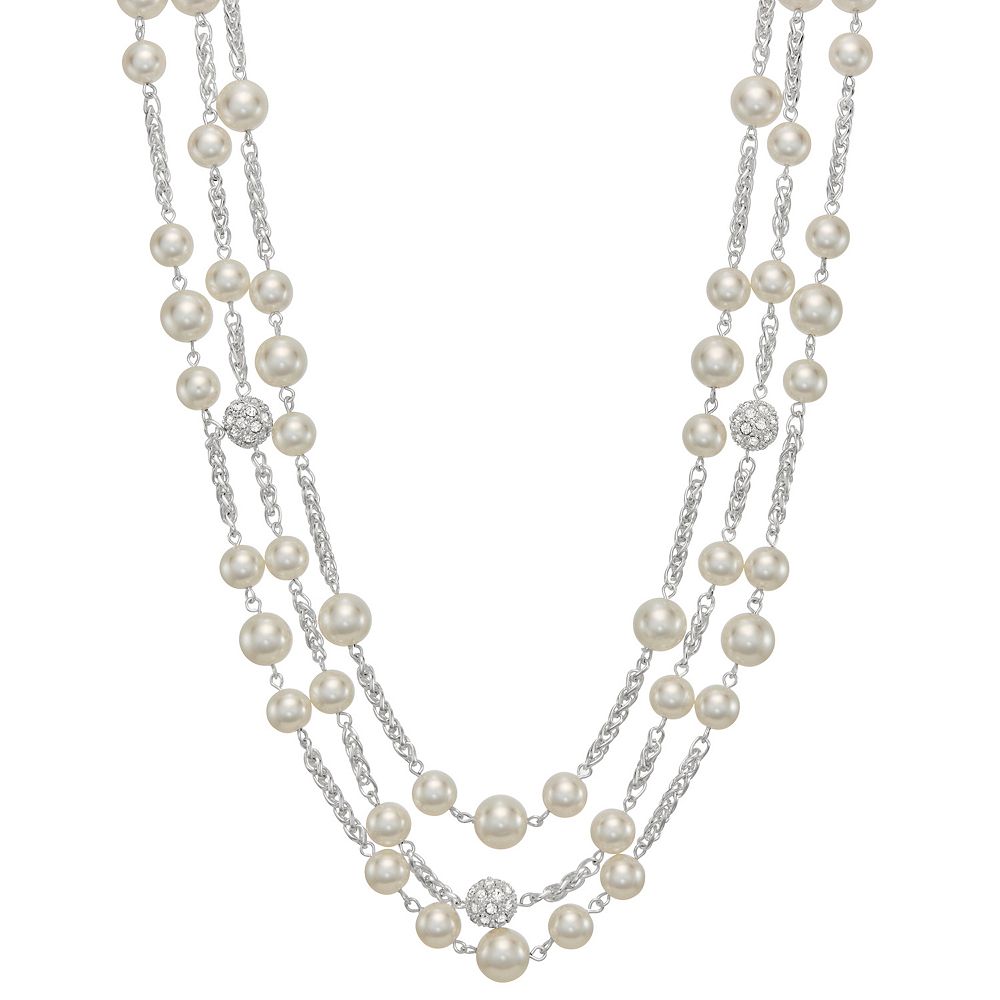 You're Invited Silver Tone Crystal & Simulated Pearl 3 Row Collar Necklace