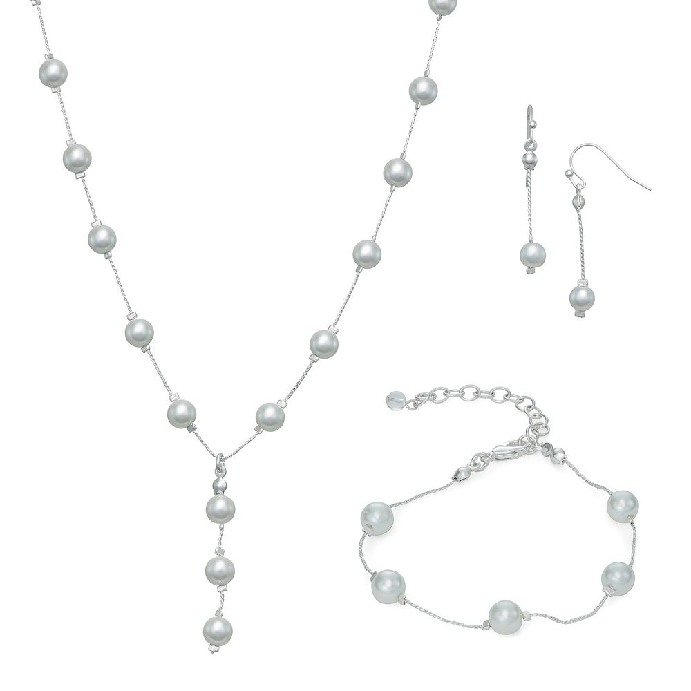 You're Invited... Silver Tone Simulated Pearl Y Necklace, Bracelet & Earrings Set