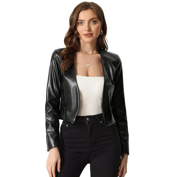 Women's Collarless Open Front Faux Leather Crop Moto Jackets