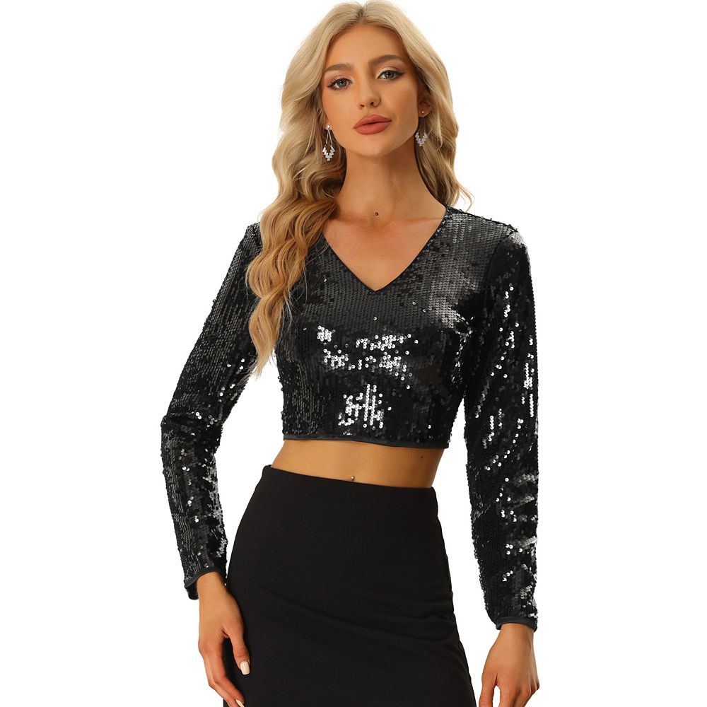 Sequin Crop Top For Women's Long Sleeve V Neck Sparkly Shiny Party ...