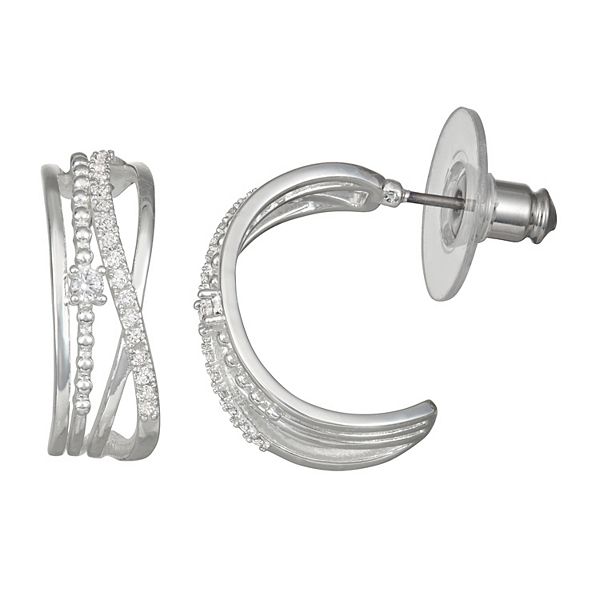 Napier Silver Tone Cubic Zirconia Braided C-Hoop Earrings