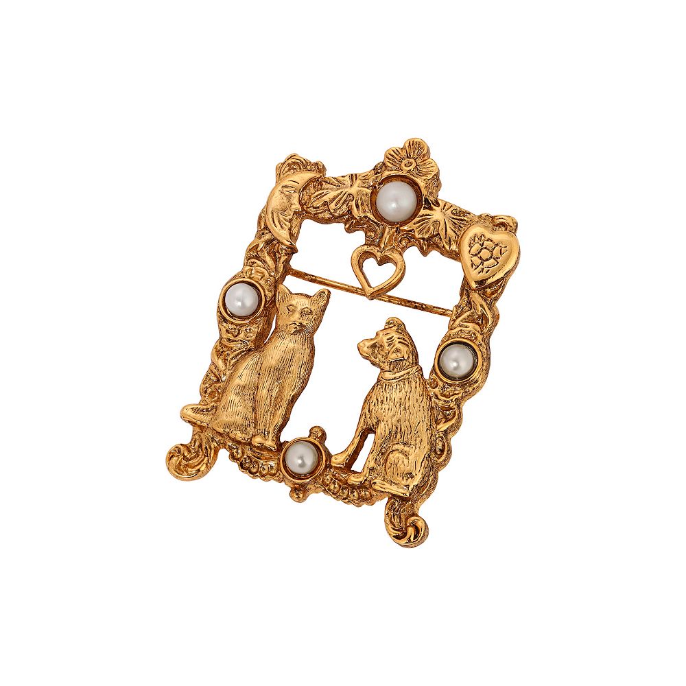 1928 Gold-Tone Simulated Pearl Rectangle Frame Cat Pin