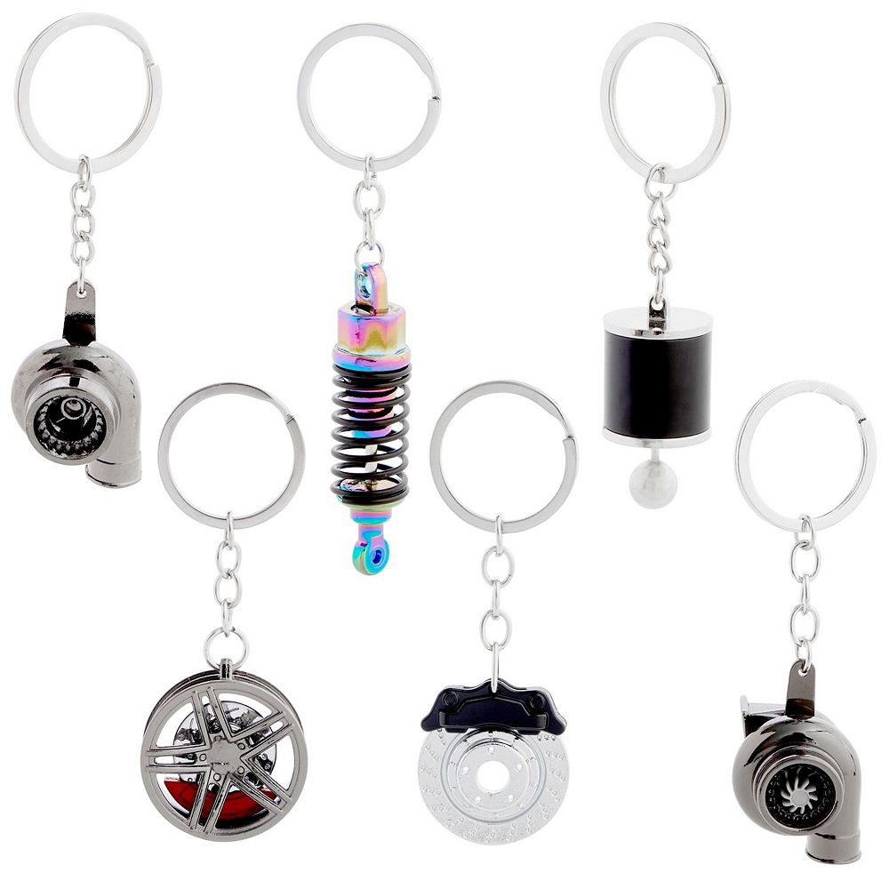 6 Pack Metal Car Parts Keychain Set, Assorted Designs