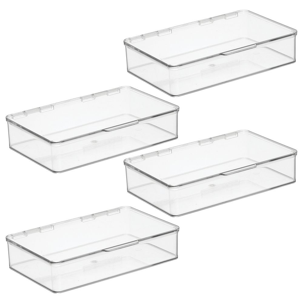 Plastic Stackable Bathroom Organizer Bin, Hinged Lid - 4 Pack - Clear