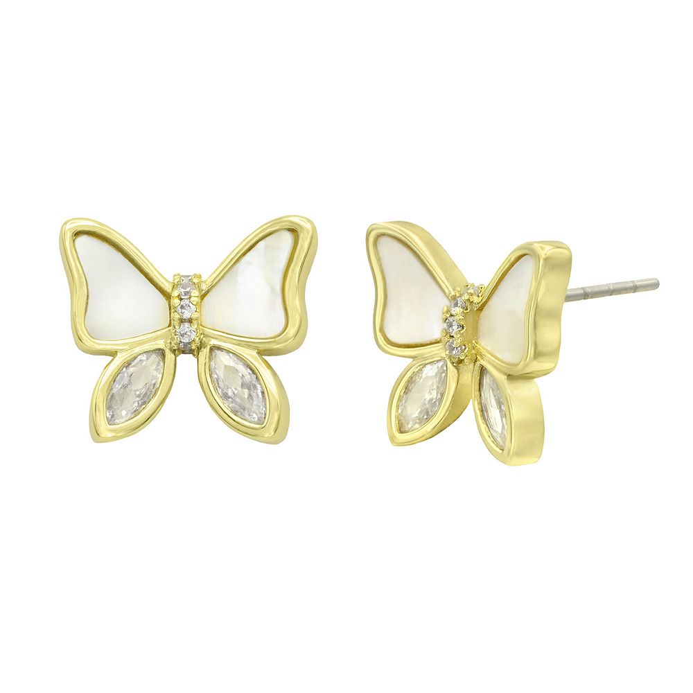 City Luxe Gold Tone Mother Of Pearl & Cubic Zirconia Butterfly Stud ...