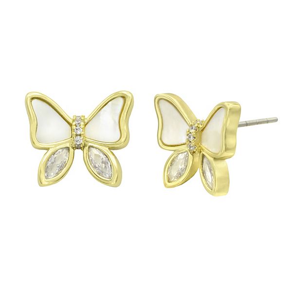 City Luxe Gold Tone Mother Of Pearl & Cubic Zirconia Butterfly Stud ...