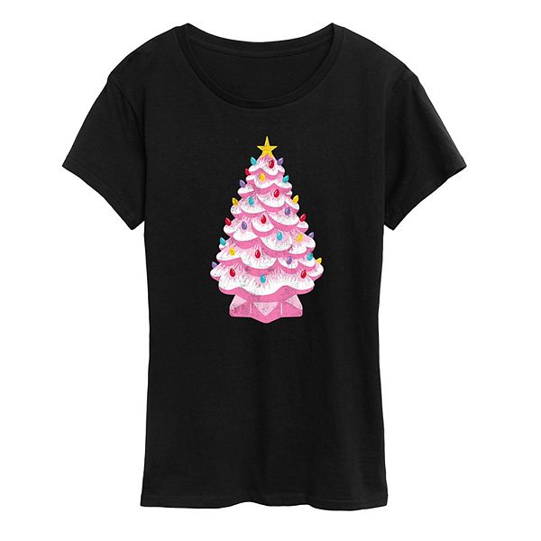 Women's Retro Pink Ceramic Christmas Tree Graphic Tee