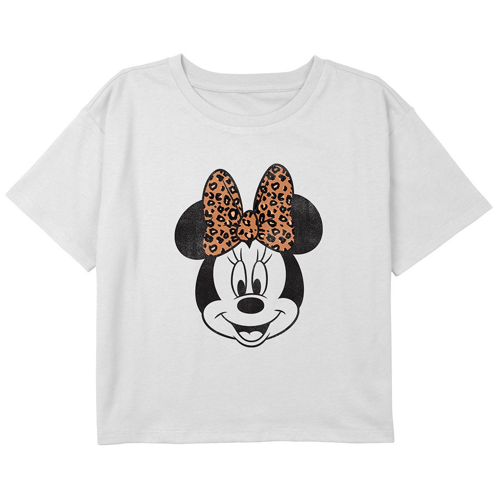 Girls Minnie Mouse Leopard Print Bow Portrait Boxy Cropped Graphic Tee