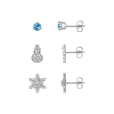 Brillance Fine Silver Plated Crystal Snowman & Snowflake Stud Earring Trio Set