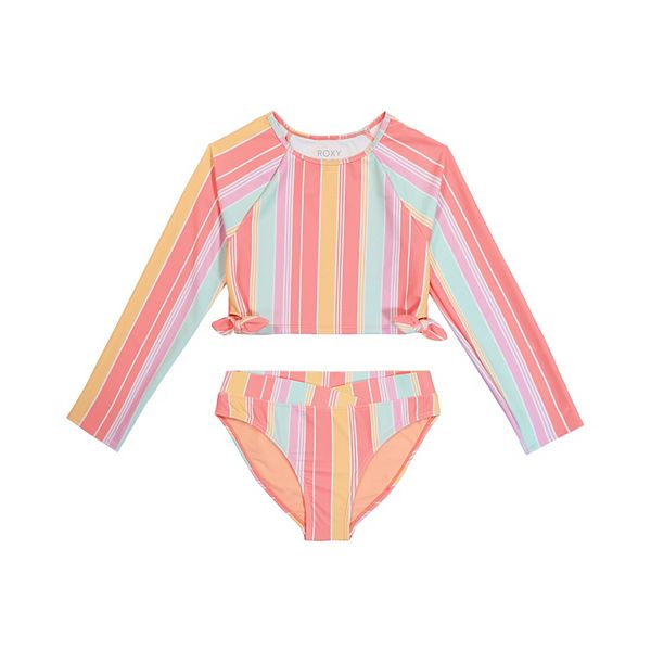 Girls 7-16 Roxy 2-Piece Striped Crop Rashguard Swim Set
