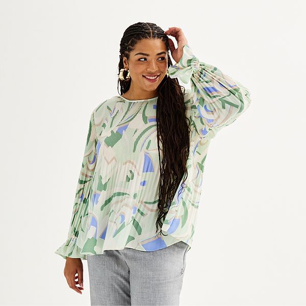 Plus Size Nine West Long Flutter Sleeve Pleated Satin Blouse