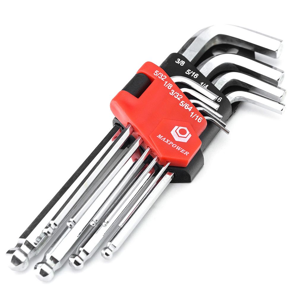 MAXPOWER Long Arm Ball Point Hex Key Set (1/16in - 3/8in), SAE, 9PCS