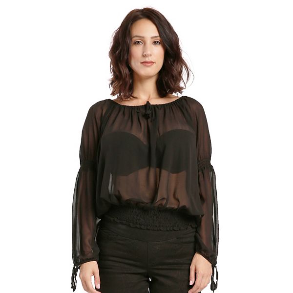 Women's Chiffon Peek-a-Boo Peasant Sleeve Blouses Elastic Waist