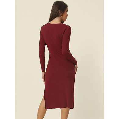 Women's Long Sleeve Sweetheart Neck Ruched Drawstring Side Slit Knit ...