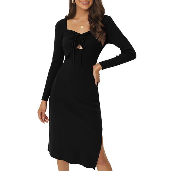 Women's Long Sleeve Sweetheart Neck Ruched Drawstring Side Slit Knit ...
