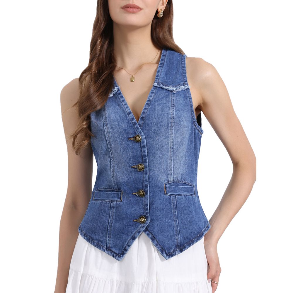 Women's Denim Vest Sleeveless Washed Distressed Jean Jacket