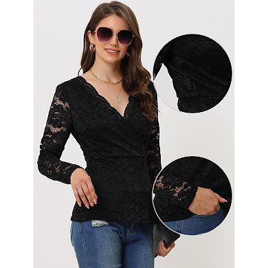 Lace Tops for Women's Casual Deep V Neck Long Sleeve Floral Wrap Peplum Top Blouse
