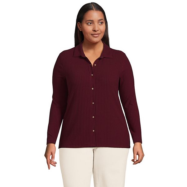 Plus Size Lands' End Long Sleeve Wide Rib Button Front Polo Shirt