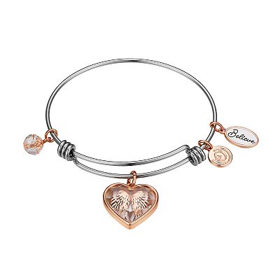 Love This Life Two Tone Stainless Steel Believe Cubic Zirconia Angel Wings Shaker Bracelet