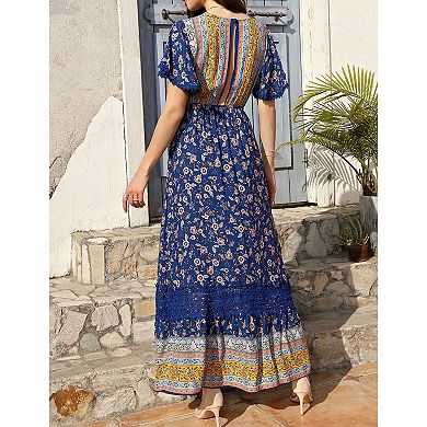Women's Boho Short Sleeve V Neck Lace Wrap High Waist Dress Floral ...