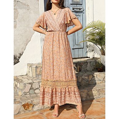 Women's Boho Short Sleeve V Neck Lace Wrap High Waist Dress Floral ...