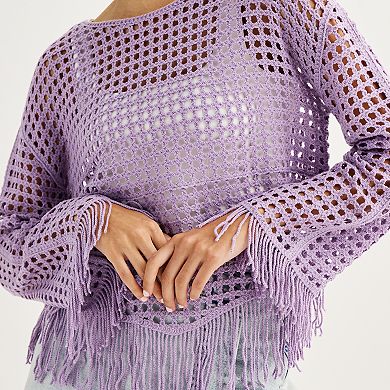 Juniors' SO® Crochet Pullover Fringe Sweater