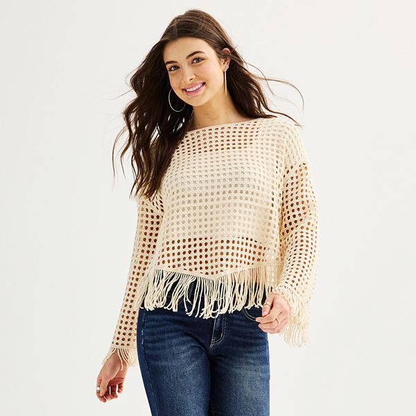 Juniors' SO® Crochet Pullover Fringe Sweater