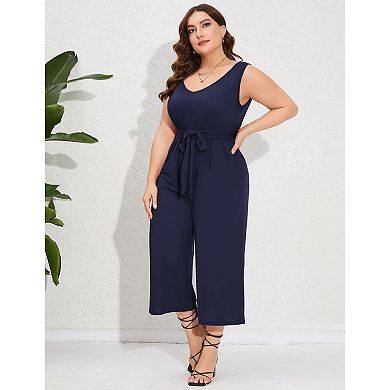 Women's Plus Size V Neck Rompers Ruffle Sleeve Belted Wide Leg Pants ...