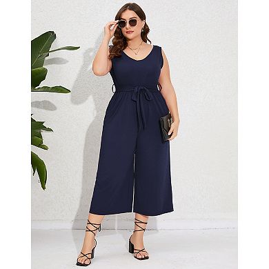 Women's Plus Size V Neck Rompers Ruffle Sleeve Belted Wide Leg Pants ...