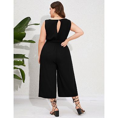 Women's Plus Size V Neck Rompers Ruffle Sleeve Belted Wide Leg Pants ...